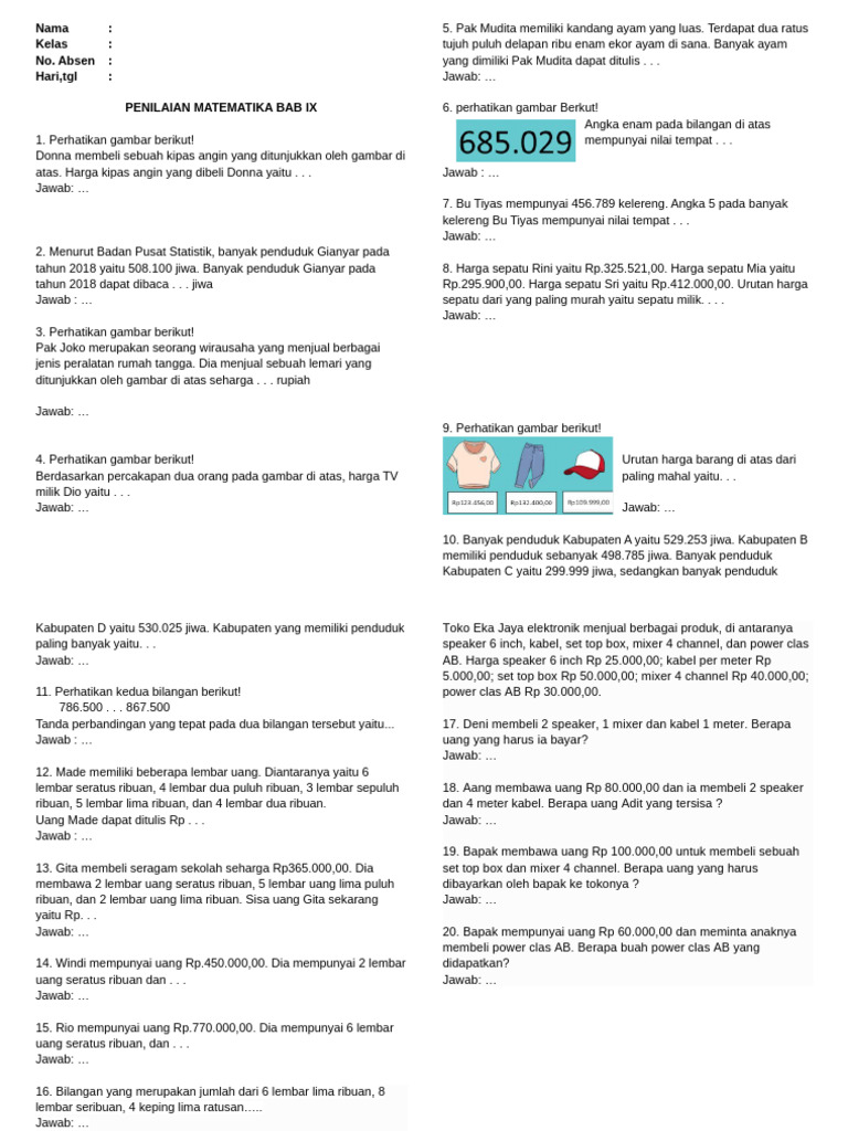 Soal PH MTK Bil - Cacah Kls 5 | PDF