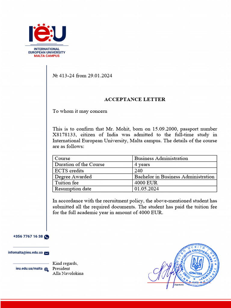 Acceptance Letter. Mohit X8178133 | PDF