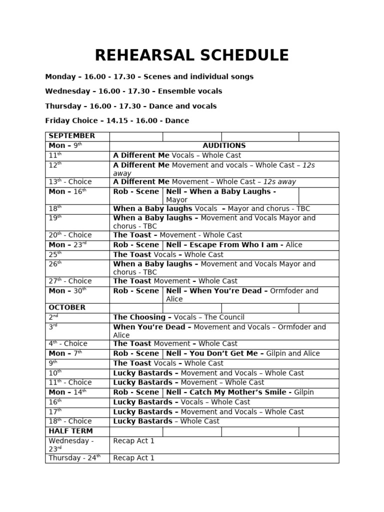 Raggedy Alice Rehearsal Schedule | PDF