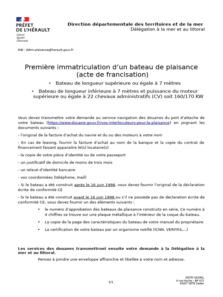9 Premiere Immatriculation Bateau Acte de Francisation | PDF