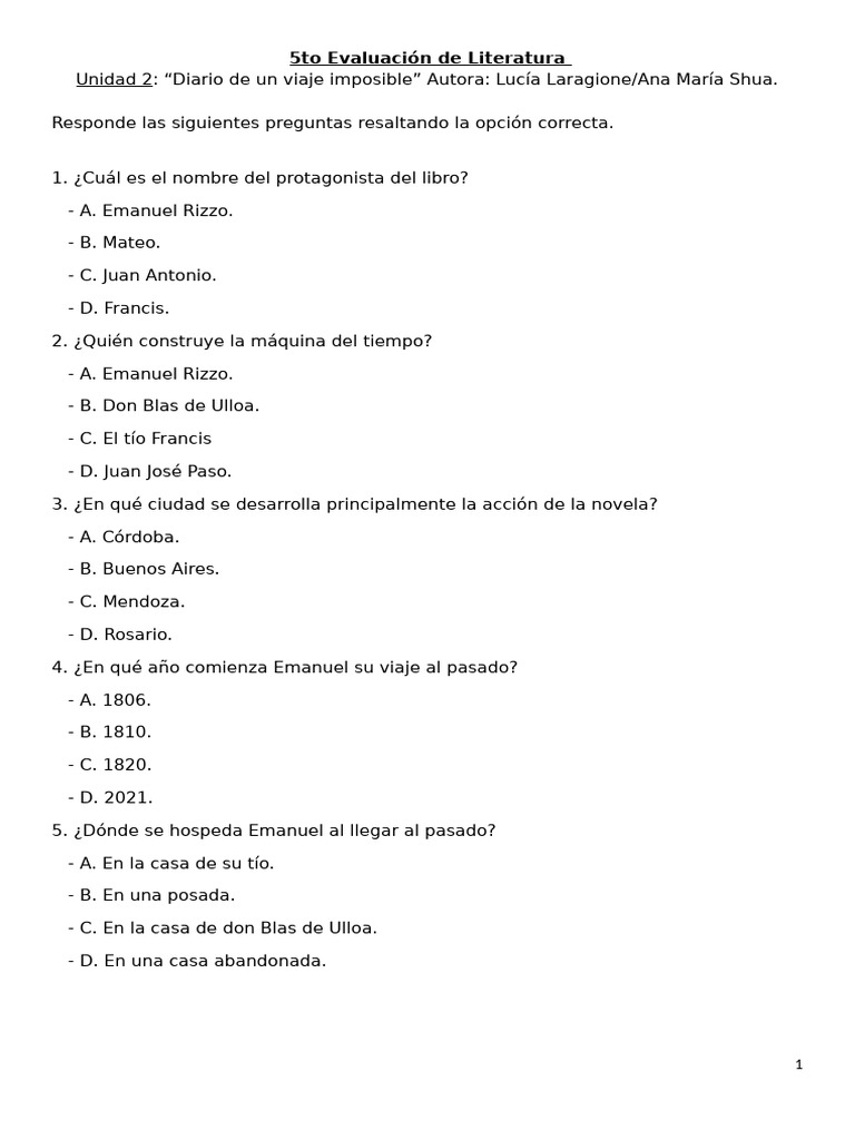 Preguntas sobre "Diario de un viaje imposible" | PDF | Novelas