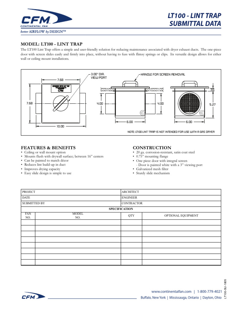 Lint Trap LT100 Submittal | PDF | Clothes Dryer | Building Engineering