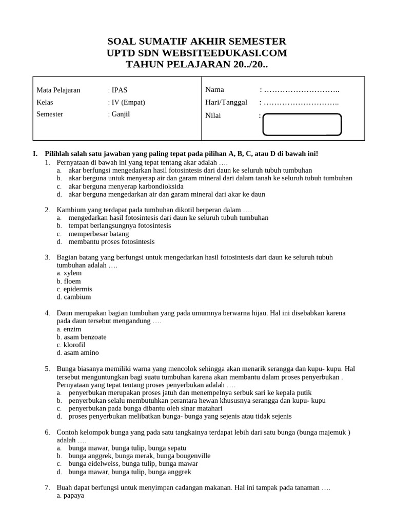Soal SAS 1 IPAS Kelas 4 | PDF