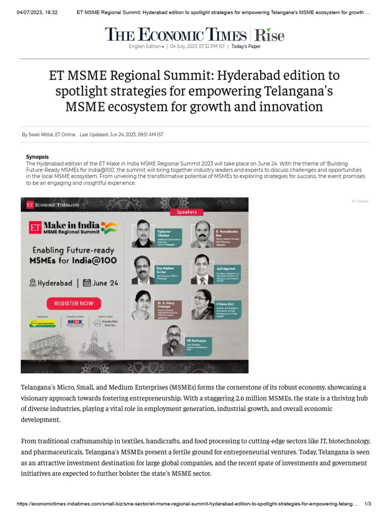 ET MSME Regional Summit: Hyderabad Edition To Spotlight Strategies For Empowering Telangana's ...