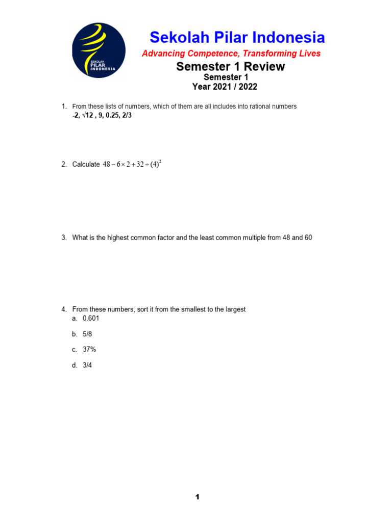 Grade 7 - Review - Semester 1 - 2021-2022 | PDF