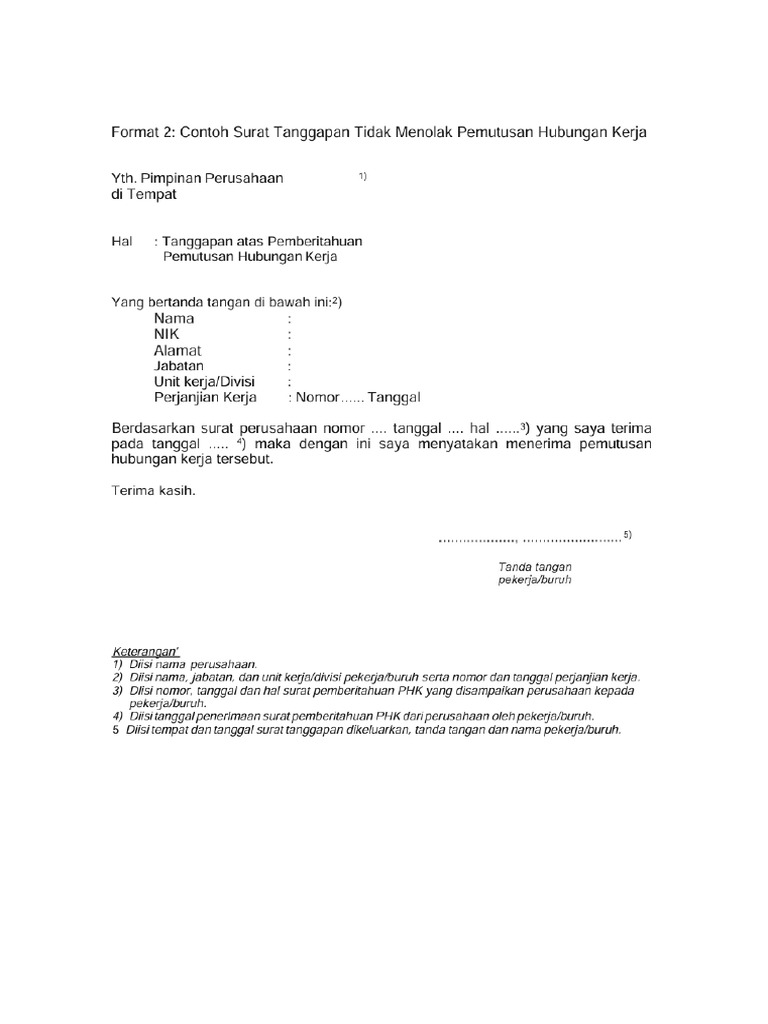 Contoh Surat Tanggapan Tidak Menolak PHK | PDF