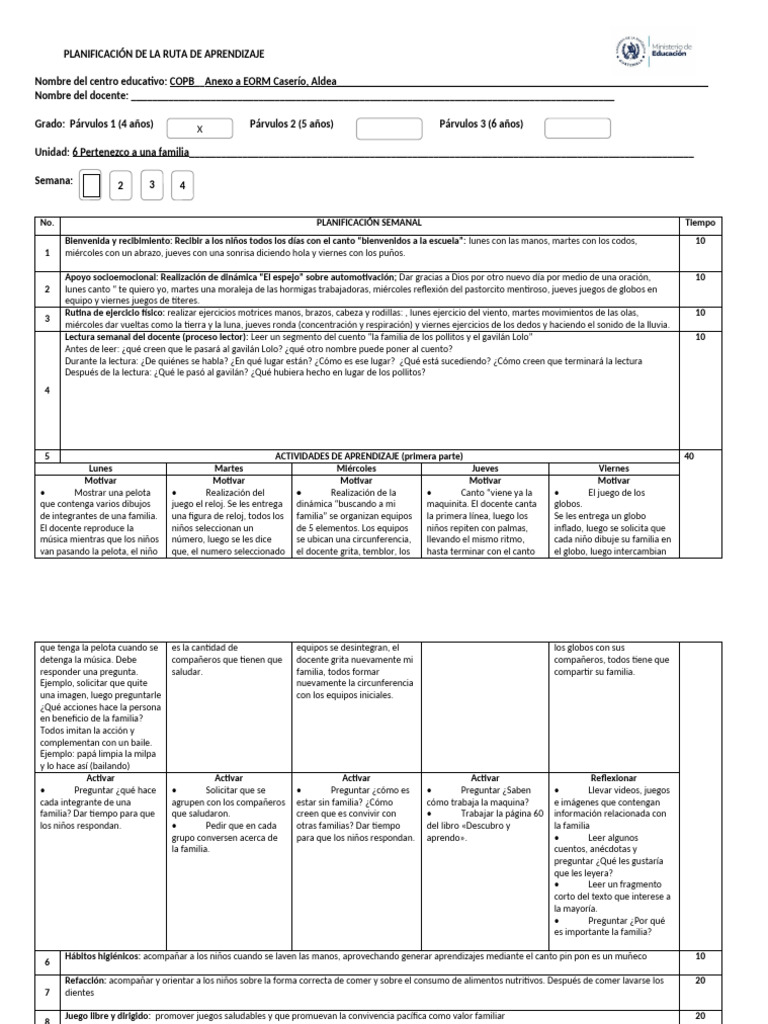 Ejemplo de Planificación Integral, Unidad 6, Pertenezco A Una Familia | PDF