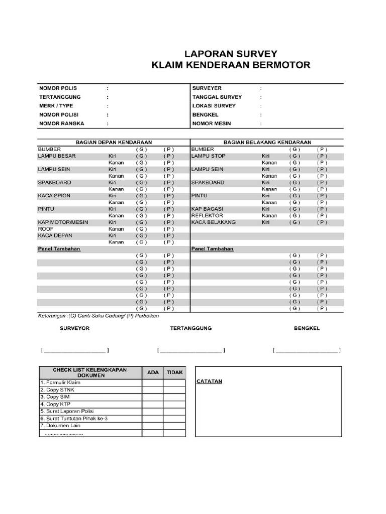Contoh Form Laporan Survey Klaim Kendaraan Bermotor | PDF
