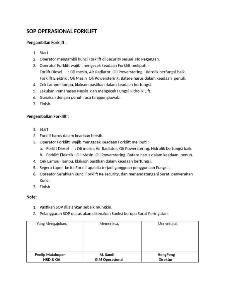 Sop Operasional Forklift (Ok) | PDF