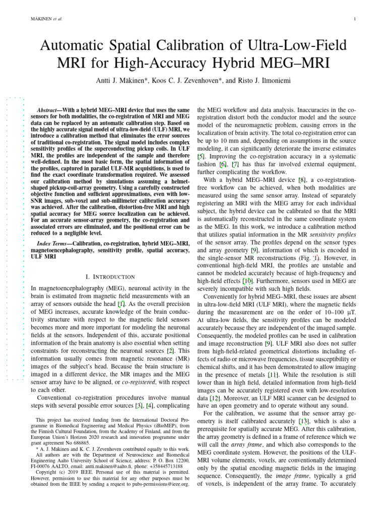Automatic Spatial Calibration of Ultra-Low-Field MRI For High-Accuracy Hybrid MEG-MRI | PDF