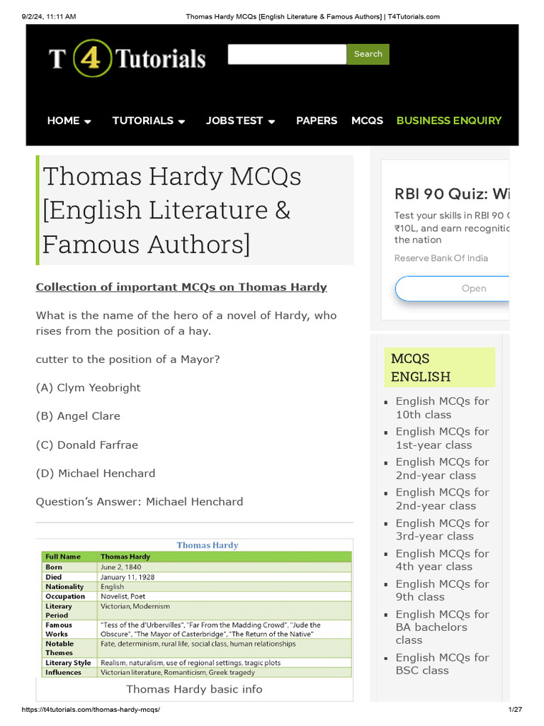 Thomas Hardy MCQs | PDF