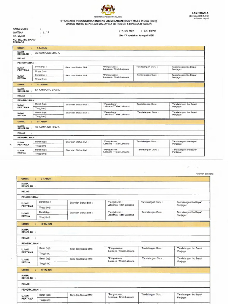 Panduan Standard Pengukuran Indeks Jisim Badan (BMI 5-9 T) | PDF