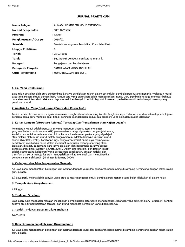 Jurnal Minggu 6 MyPOROMS | PDF