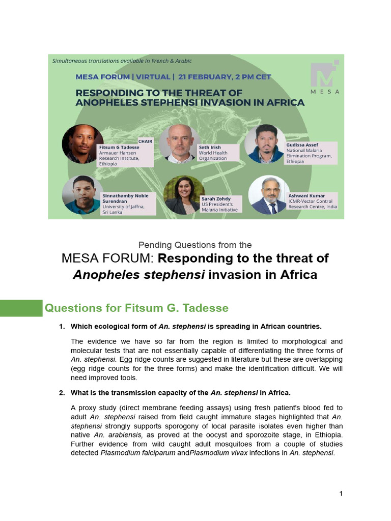 Pending Questions - Responding To The Threat of Anopheles Stephensi Invasion in Africa | PDF