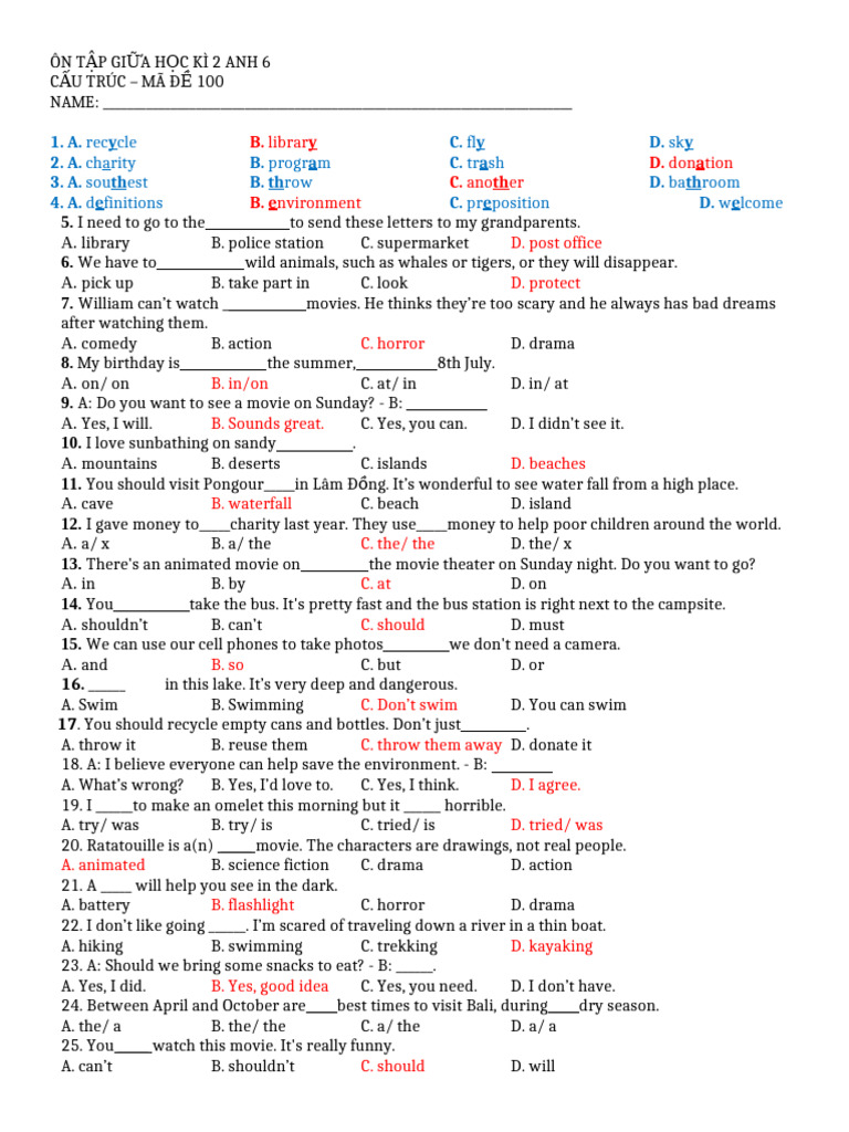 80. ÔN TẬP GIỮA HỌC KÌ 2 ANH 6 cấu trúc | PDF