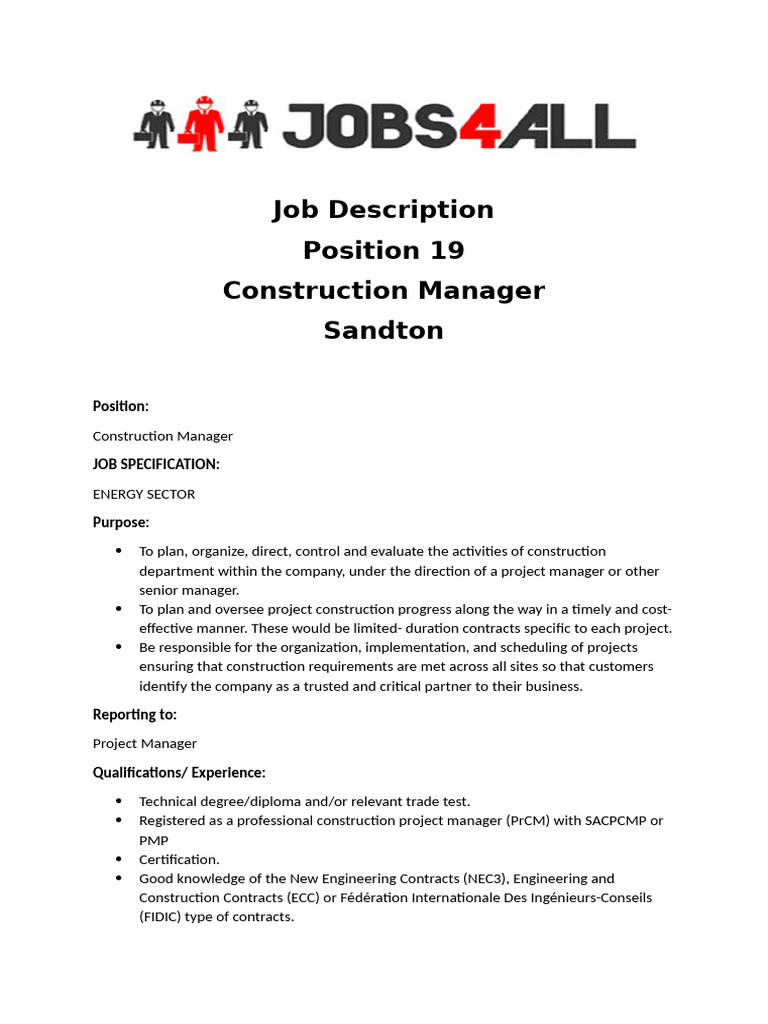 Jobs 4 All - Job Description - Construction Manager - Sandton | PDF