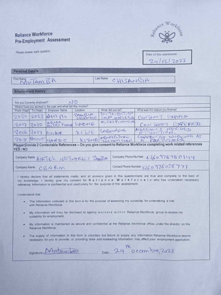 Reliance Workforce Pre-Employment Form | PDF