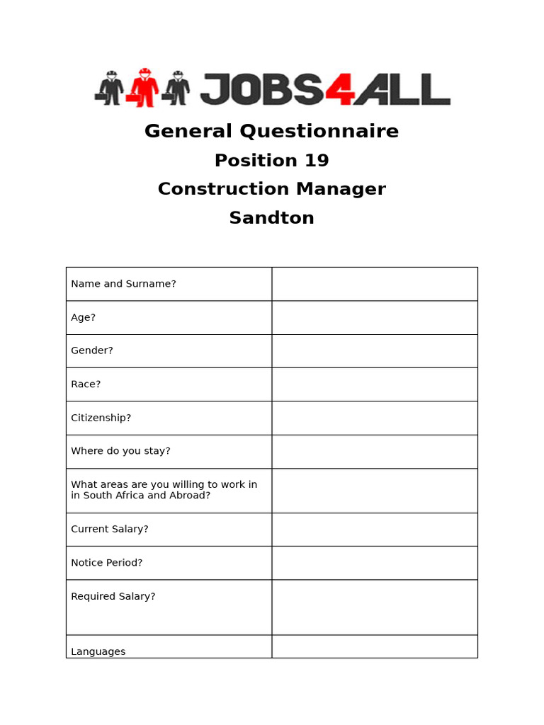 General Questionnaire - Construction Manager - Sandton 2024 | PDF