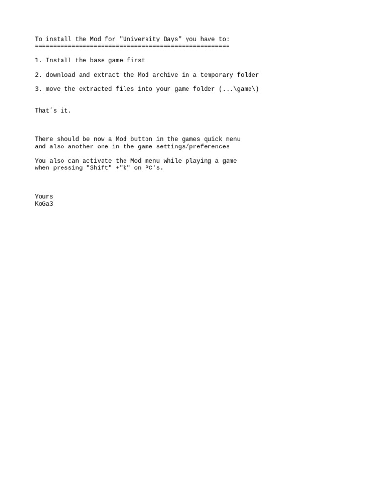 Install Info UniDays-Mod - KoGa3 | PDF