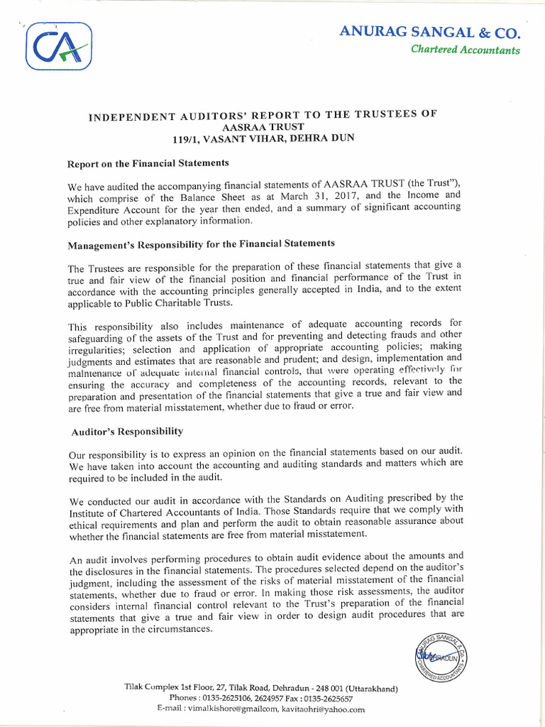 Aasraa Trust Balance Sheet 2016 17 | PDF