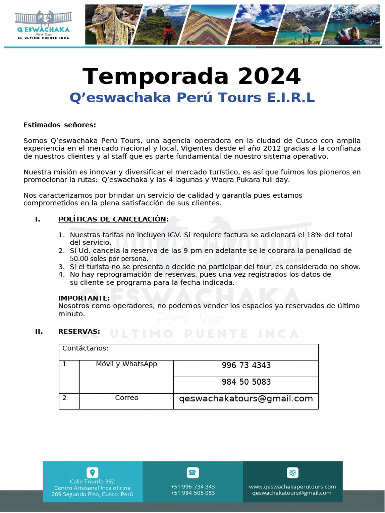 TARIFARIO 2024 Qeswachaka | PDF