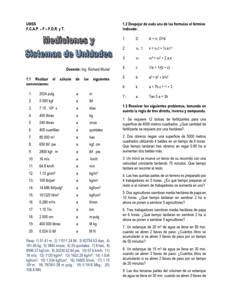 Ejercicios de Física y Conversiones de Unidades | PDF | Metrología ...