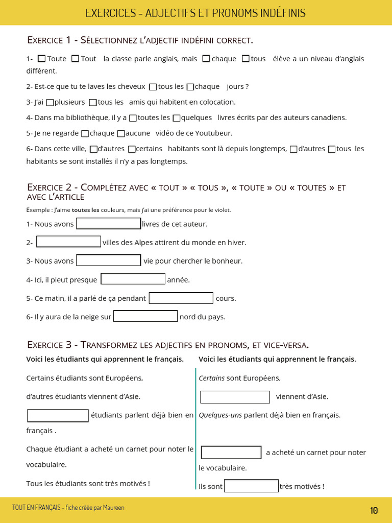 Exercices sur les adjectifs indéfinis | PDF