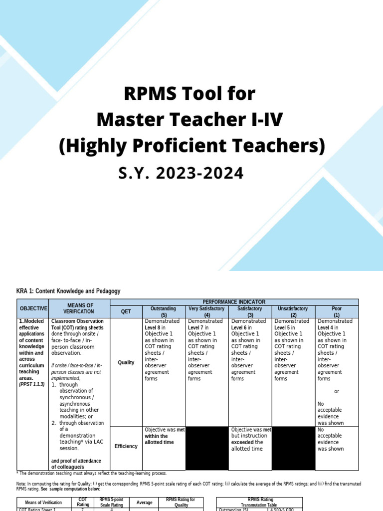 Annex B2 RPMS Tool For Highly Proficient Teachers SY 2023-2024 | PDF