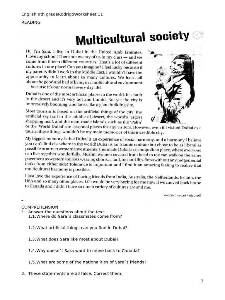 Multiculturalism - worksheet 1 | PDF