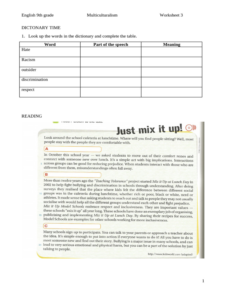 Multiculturalism - Worksheet 3 | PDF