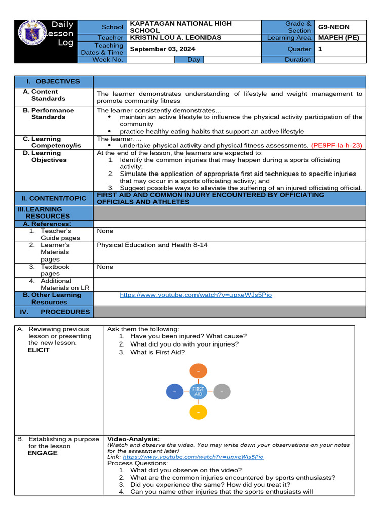 Q1 COT-LP - PE9 (First Aid For Common Injuries) | PDF | Learning | Career & Growth
