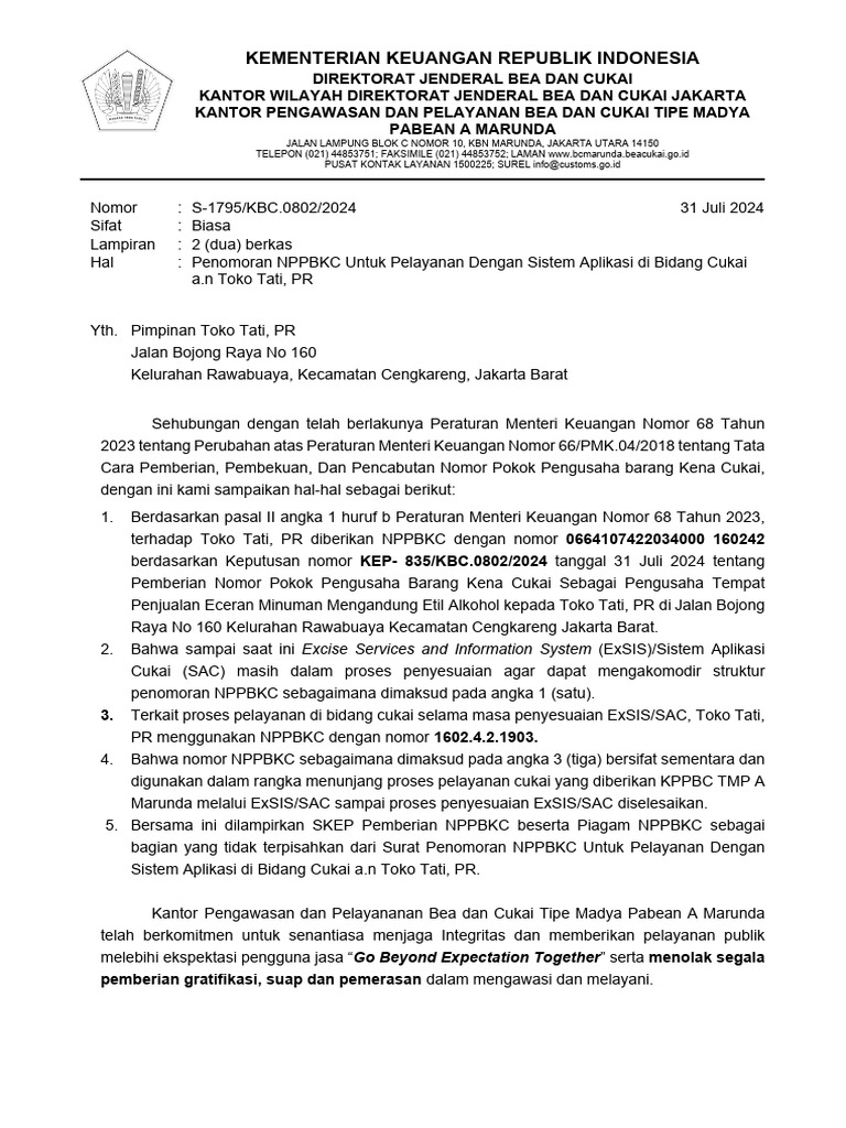 S-1795 - KK - Penomoran NPPBKC Untuk Pelayanan Dengan Sistem Aplikasi ...