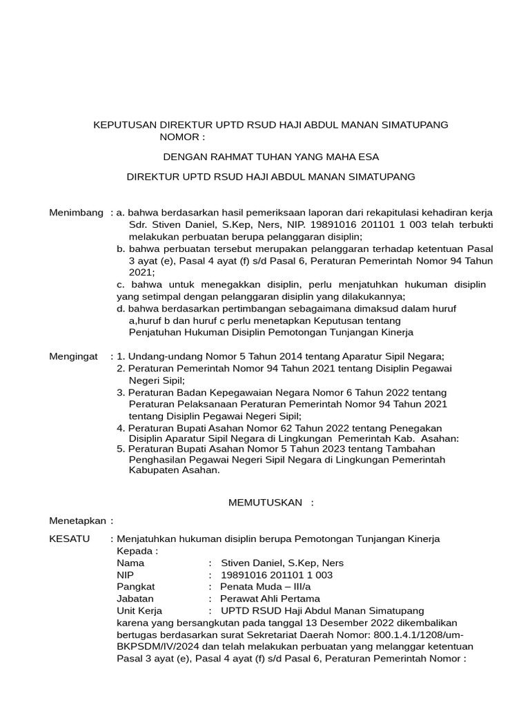 Keputusan Direktur Uptd Rsud Haji Abdul Manan Simatupang - Stiven Daniel | PDF