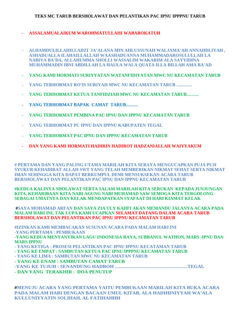 Teks MC Tarub Bersholawat Dan Pelantikan Pac Ipnu Ipppnu Tarub | PDF