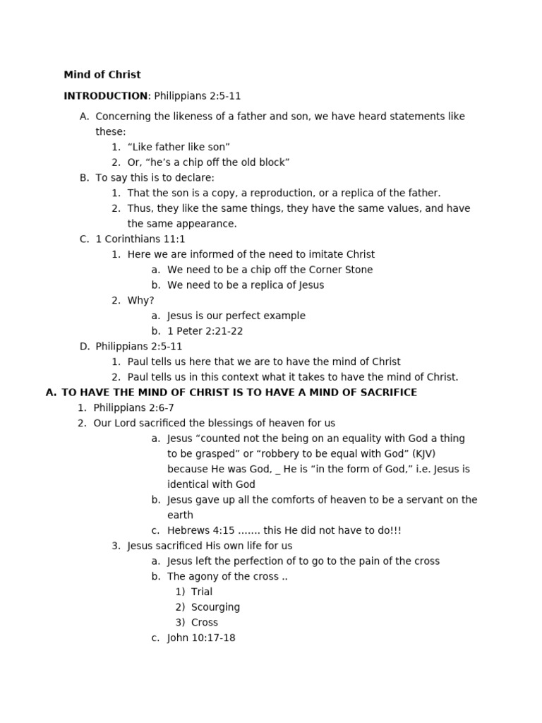 Having the Mind of Christ: A Sermon Outline | PDF | Jesus | Religion ...