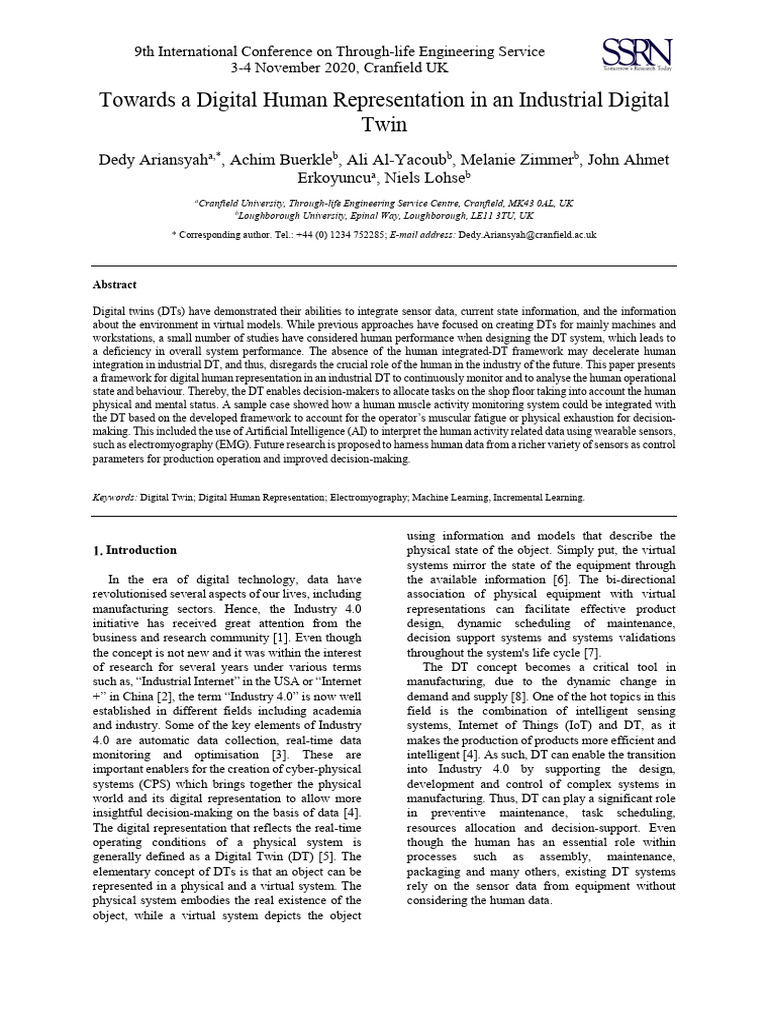Towards A Digital Human Representation in An Industrial Digital Twin | PDF