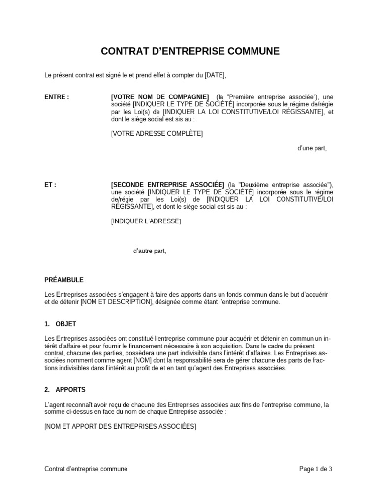 Contrat D - Entreprise Commune | PDF