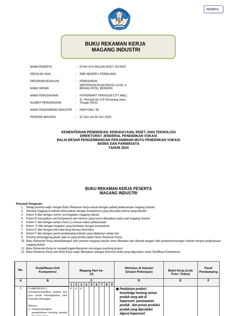 BUKU REKAMAN MAGANG INDUSTRI_FIX_DYAH AYU WULAN AJ (1) (1) | PDF