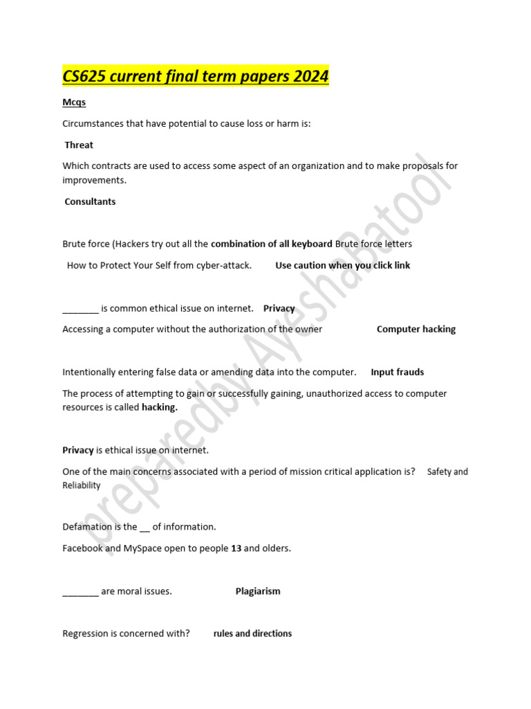 Updated CS625 Current Most Imp Final Term Papers 2024 | PDF