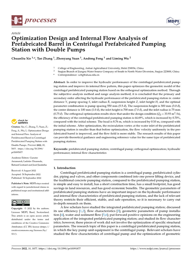 6 Optimization Design and Internal Flow Analysis of Prefabricated ... 6 Optimization Design and Internal Flow Analysis of Prefabricated ...