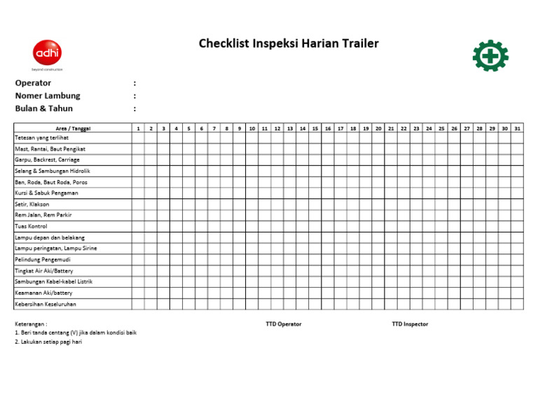 Checlist Inspeksi Harian Trailer | PDF