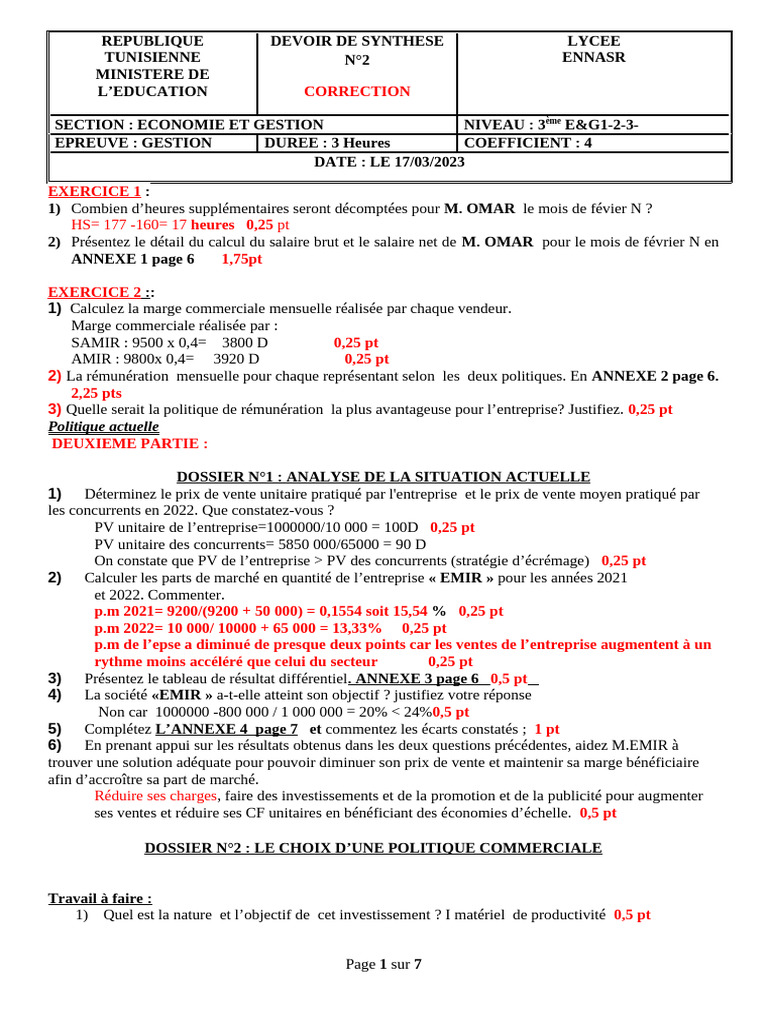 Correction DS2 3EM 2023 ENNASR 1 Copie | PDF