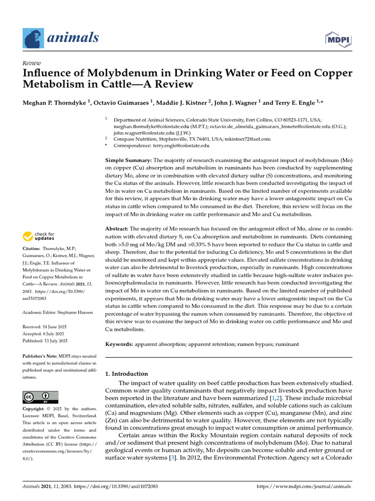 Animals: Influence of Molybdenum in Drinking Water or Feed On Copper ...
