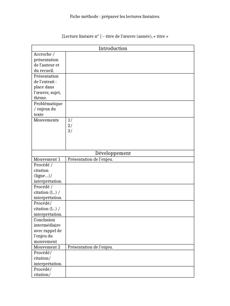 Tableau Pour Ficher Ses Lectures Linéaires | PDF