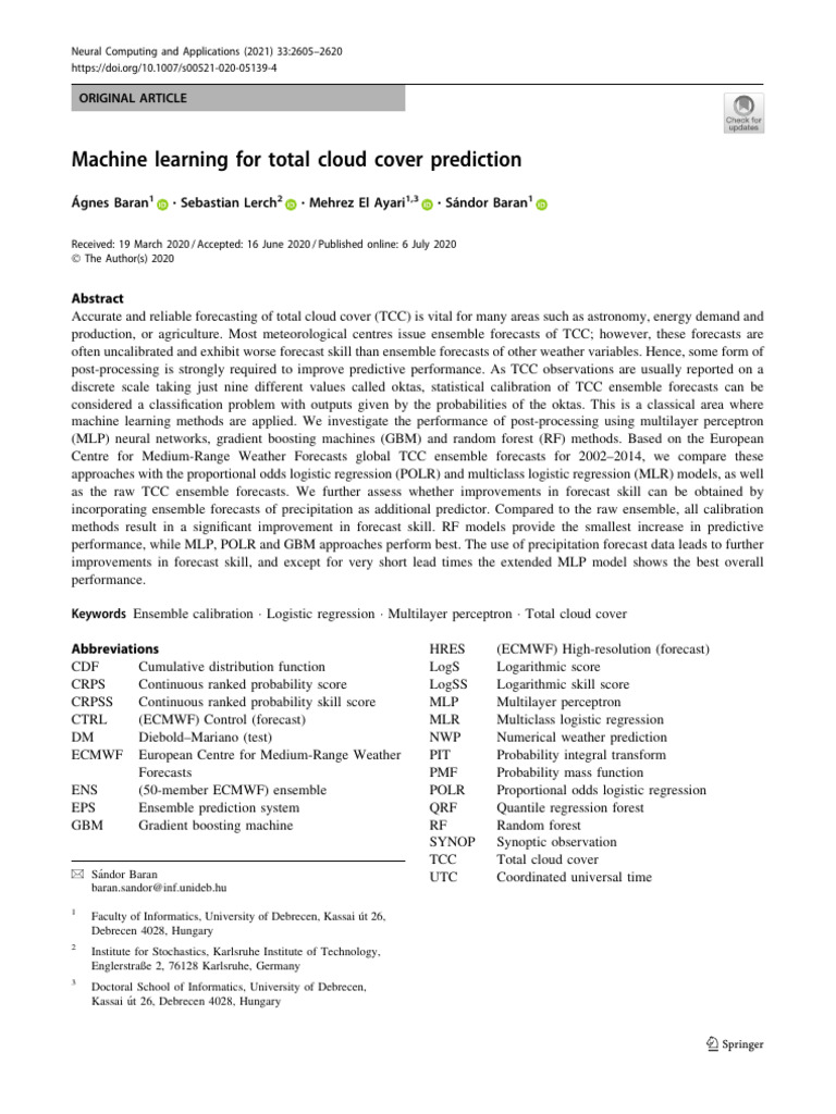 Machine Learning For Total Cloud Cover Prediction | PDF