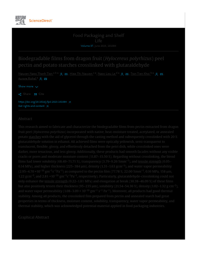 Biodegradable Films From Dragon Fruit Hylocereus Polyrhizus Peel Pectin and Potato Starches ...