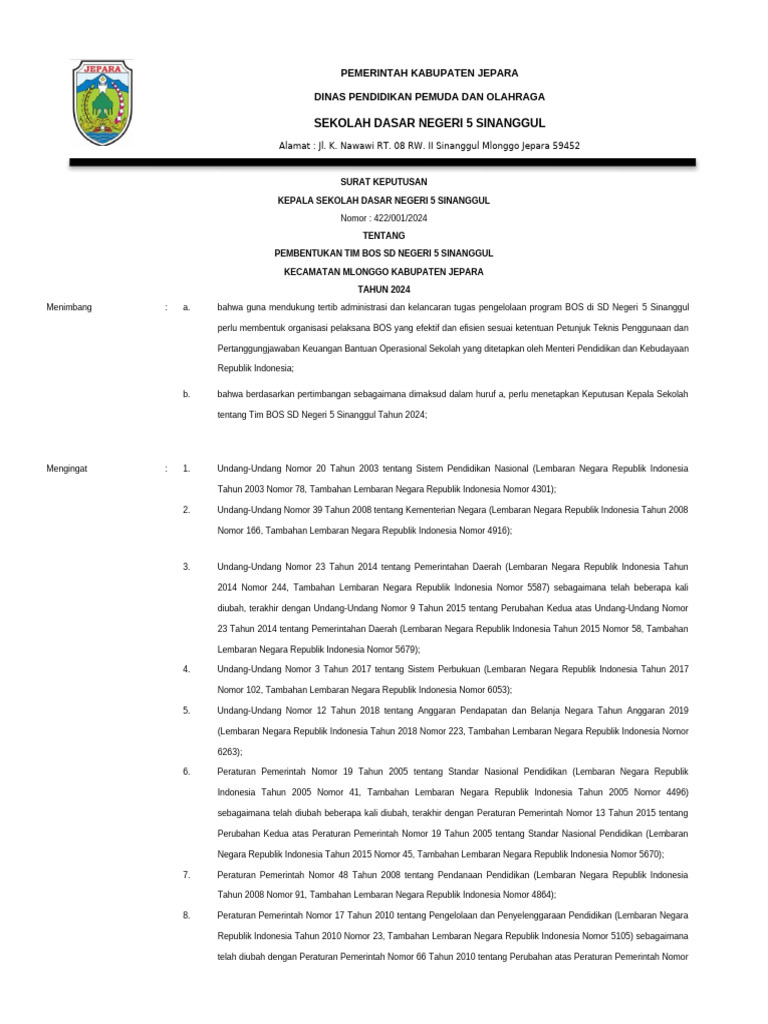 SK Tim BOS Reguler 2024 SDN 5 SINANGGUL | PDF