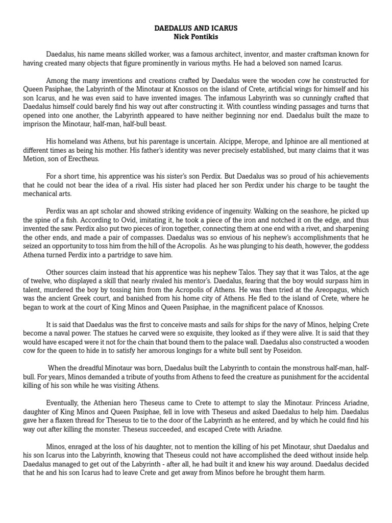 Daedalus and Icarus Story | PDF