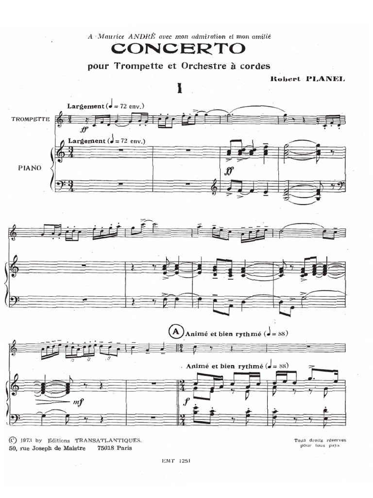 PLANEL Concerto Pour Trompette Partition Piano TRPT | PDF
