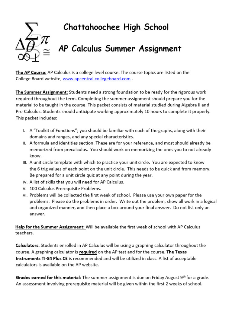 2024 - AP Calculus Summer Assignment | PDF